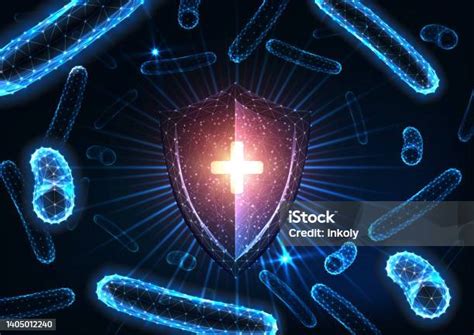 미래 면역 빛나는 방패와 박테리아를 가진 항균 의료 보호 개념 살균에 대한 스톡 벡터 아트 및 기타 이미지 살균 반란 박테리아 Istock