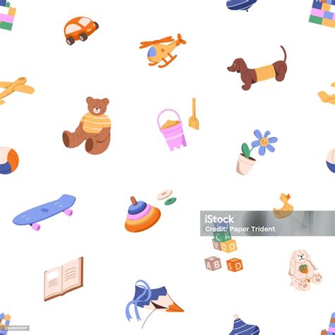 귀여운 아기 장난감의 반복 가능한 패턴 봉제 인형 어린아이 같은 자동차 비행기 헬리콥터 어린이 책과 끝없는 배경 유치원 보육원에 대 한 벽지 편평한 Seamless 벡터