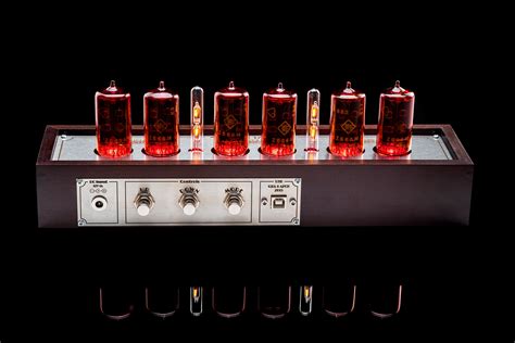 Z M Red Nixie Clock With Sockets And Columns In A Vintage Ashwood Case SMF RGB USB Tunes