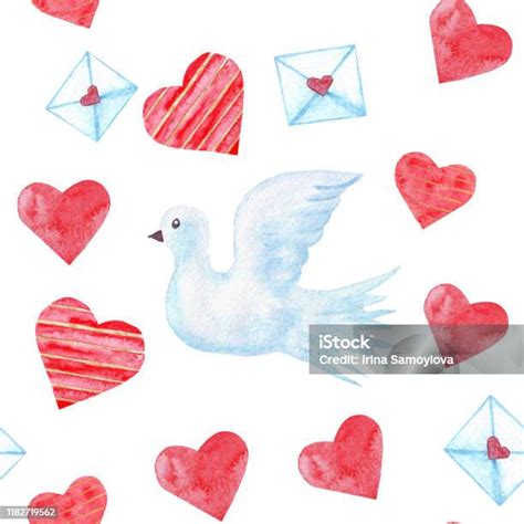 수채화 원활한 패턴 흰색 비둘기 편지 사랑 빨간 마음 봉투 새 발렌타인 데이 결혼식 결혼식에 대한 스톡 벡터 아트 및 기타 이미지 결혼식 귀여운 낮 Istock