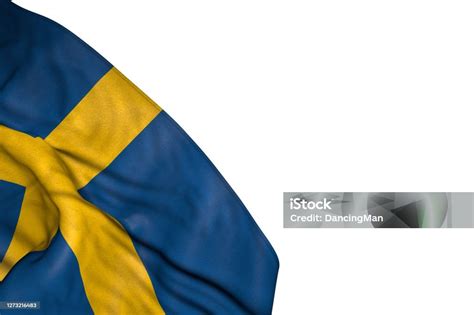멋진 모든 잔치 플래그 3d 일러스트 큰 주름이 흰색에 고립 된 왼쪽 하단 모서리에 평평하게 누워 스웨덴 국기 0명에 대한 스톡 사진 및 기타 이미지 Istock