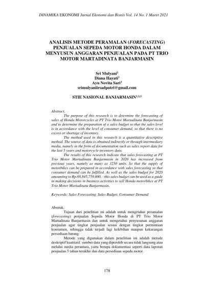 Analisis Metode Peramalan Forecasting Penjualan Sepeda Motor Honda