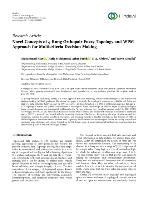 Pdf Novel Concepts Of Q Rung Orthopair Fuzzy Topology And Wpm Approach For Multicriteria