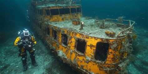 Exploring A Sunken Shipwreck With A Diving Robot In The Ocean Depths Generative Ai Stock Image