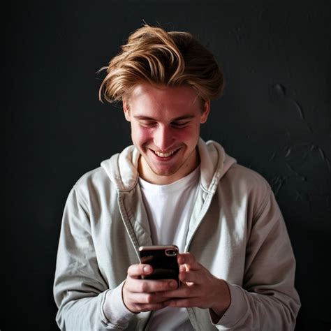 Premium Photo A Man Is Smiling And Looking At His Phone