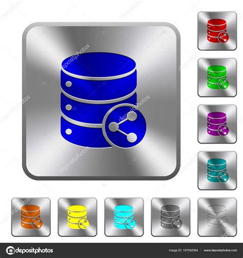 database table relations engraved icons rounded square glossy steel buttons stock vector image