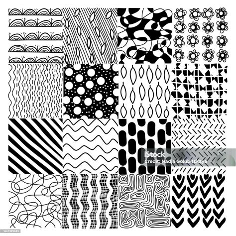 흑백 기하학적 질감 16 블랙 잉크 추상 패턴 세트 줄무늬 원 파도 나뭇잎 지그재그 및 더 많은 벡터 타일 추상 낙서 스타일의 배경 컬렉션 손으로 그린 프린트 개체 그룹에
