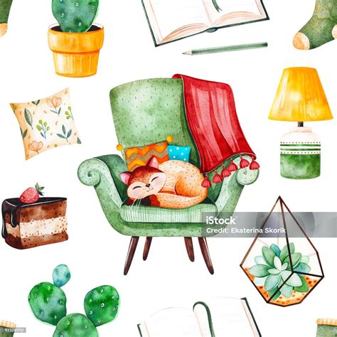 귀여운 고양이와 집 식물 녹색의 자 아늑한 홈 완벽 한 패턴 수채화에 대한 스톡 벡터 아트 및 기타 이미지 수채화 아늑한 애완고양이 Istock