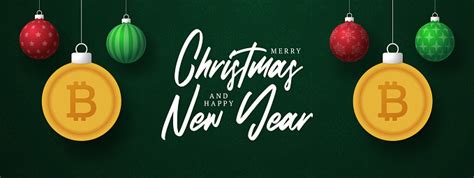 비트 코인 크리스마스 인사말 카드 즐거운 성탄절 보내시고 새해 복 많이 받으세요 암호화폐 인사말 카드 배경에 녹색에 녹색과 빨간색 크리스마스 공 방울 실에 매달려 있습니다