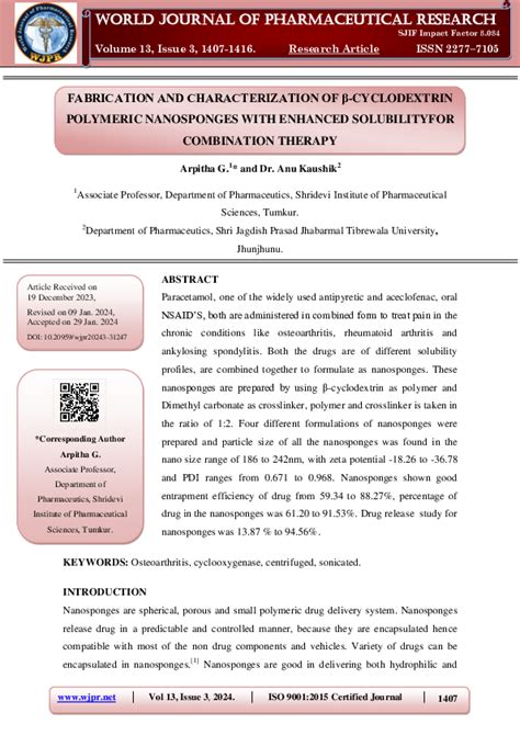 Pdf Fabrication And Characterization Of β Cyclodextrin Polymeric Nanosponges With Enhanced