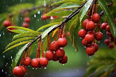 Premium Photo A Tree With Red Berries On It And The Rain Is Falling