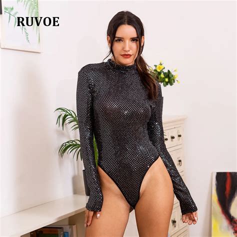 새로운 도착 섹시한 긴 소매 바디 슈트 블랙 높은 목 슬림 여성 바디 슈트 가을 겨울 스키니 파티 바디 슈트 Playsuit Sde 81 Aliexpress