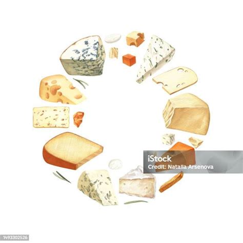 수채화 다른 치즈 라운드 프레임 템플릿입니다 손으로 분리된 흰색에 음식 개체가 있는 원 카드 배경을 그립니다 음료 메뉴 카페 와인리스트 라벨 배너 전단지 브로셔 치즈에 대한