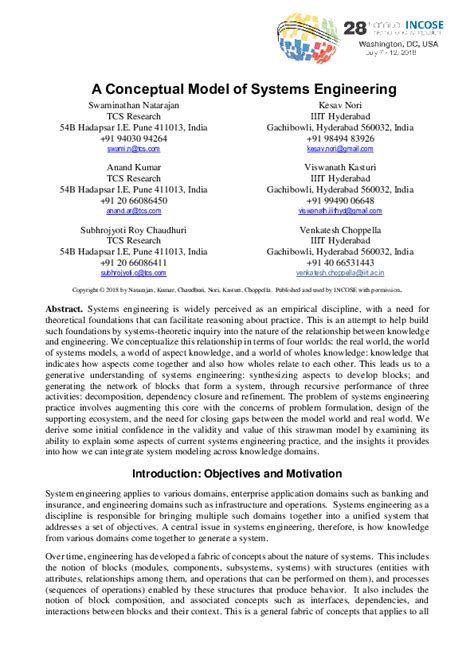 Pdf A Conceptual Model Of Systems Engineering