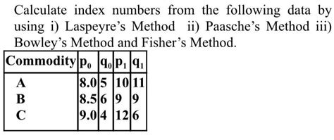 solved calculate index numbers from the following data by