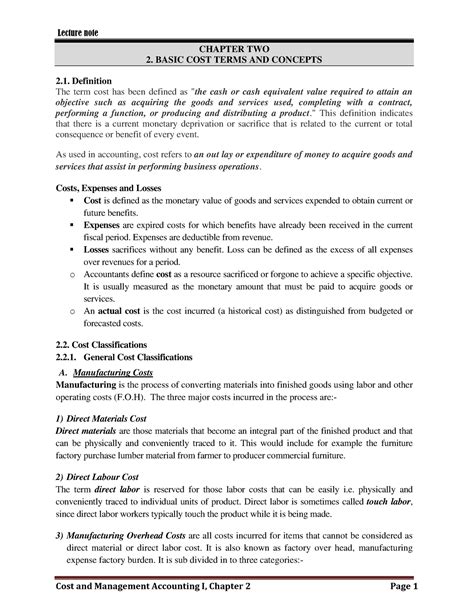Chapter 2 Cost Classification Chapter Two 2 Basic Cost Terms And Concepts 2 Definition The
