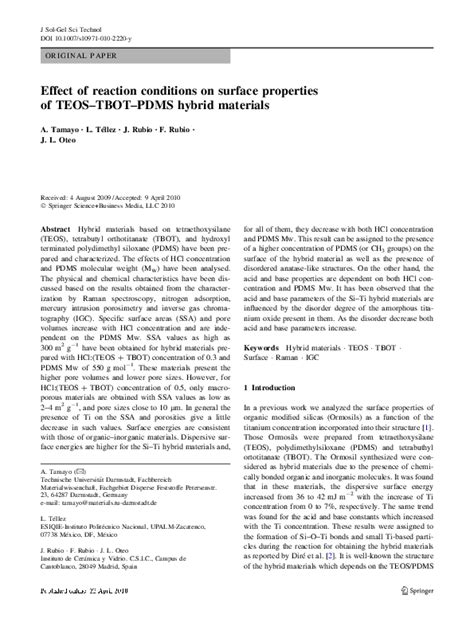 Pdf Effect Of Reaction Conditions On Surface Properties Of Teos Tbot Pdms Hybrid Materials