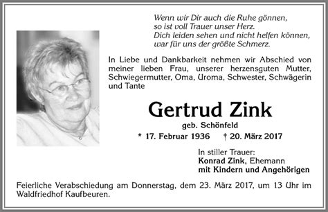 Traueranzeigen Von Gertrud Zink Augsburger Allgemeine Zeitung