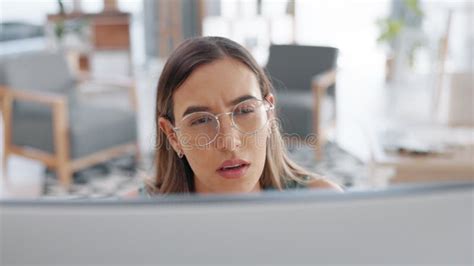 Woman Office And Computer For Thinking Search Or Data Analysis For