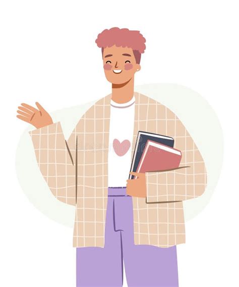Smiling Gender Neutral Student With Books Cute Hand Drawn Vector Non