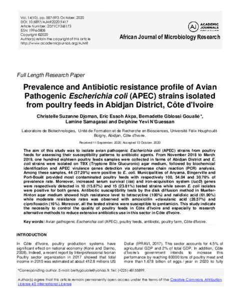 Pdf Prevalence And Antibiotic Resistance Profile Of Avian Pathogenic Escherichia Coli Apec