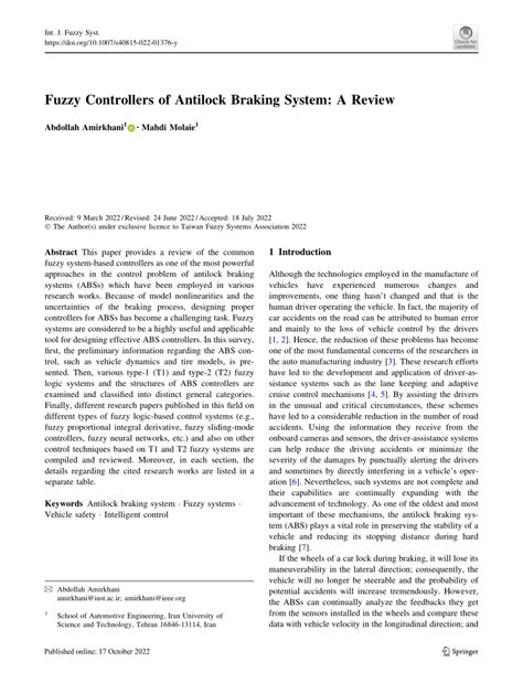 Pdf Fuzzy Controllers Of Antilock Braking System A Review