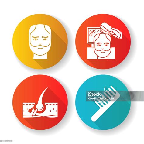 탈모 플랫 디자인 긴 그림자 문립 아이콘 세트 남자 대머리 치료 남성 탈모증 빗에 머리카락 가닥 손상된 여포 피부과 미용 실루엣 Rgb 컬러 일러스트 0명에 대한 스톡 벡터