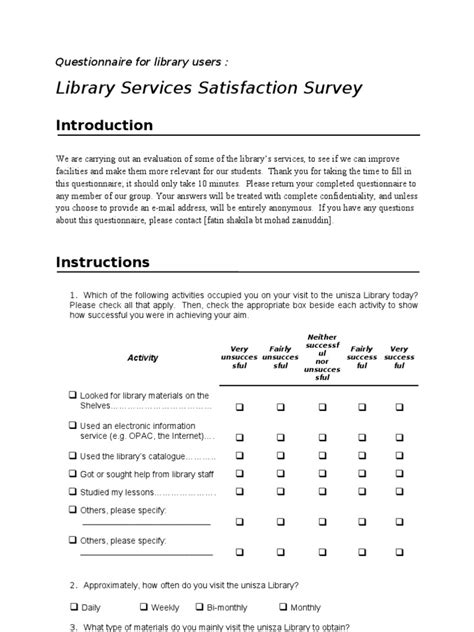 Library Services Satisfaction Survey Questionnaire Pdf Libraries Application Software