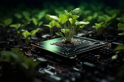 Premium Photo Green Sprout Emerging From Microchip On Circuit Board
