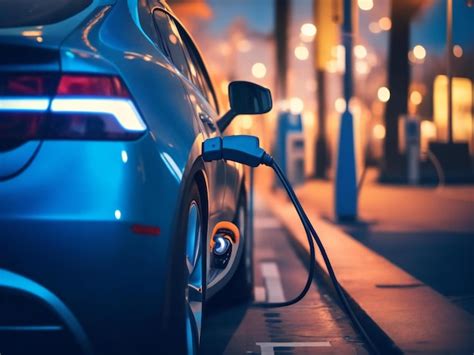 흐릿한 Nat에 전원 케이블 공급 장치가 연결된 충전소의 Ev 자동차 또는 전기 자동차 프리미엄 사진