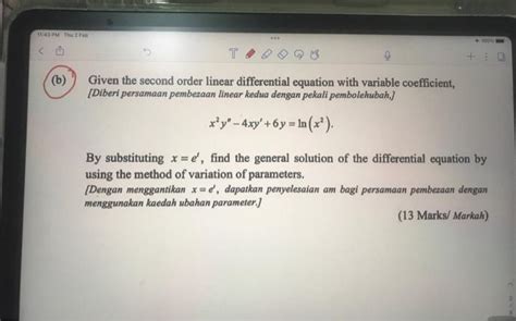 Solved Given The Second Order Linear Differential Equation