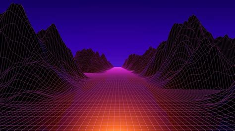 그리드와 산이 있는 3d 네온 미래 풍경 Synthwave 사이버펑크 80년대 게임 컨셉 배경 프리미엄 사진