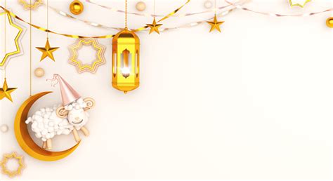 양 염소 초승달 별 리본 흰색 배경에 금 아랍어 램프 등불 이슬람 축하 이드 알 아드하 또는 생일 축하의 창조적 인 개념을 디자인합니다 3d 일러스트레이션 3차원 형태에