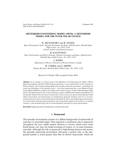 Meteoroid Engineering Model Mem A Meteoroid Model For The Inner Solar System Docslib