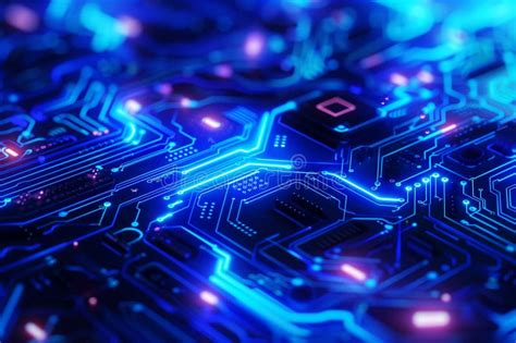Abstract Technology Background Blue Glow Circuit Board Pattern Neon Light Lines Bright