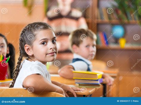 Pretty Brunette Schoolgirl During Lesson Stock Image Image Of