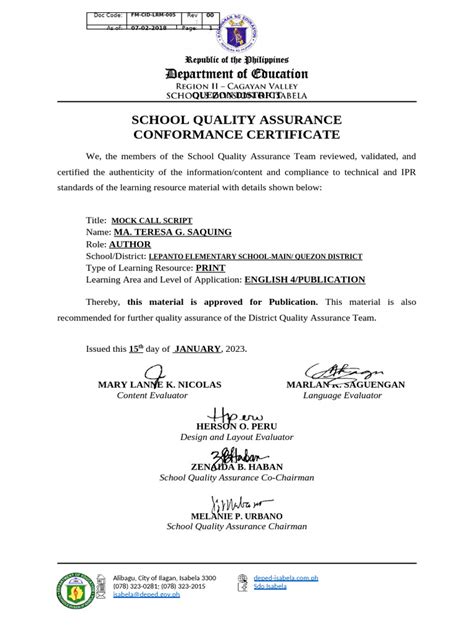 School Quality Assurance Conformance Certificate Pdf