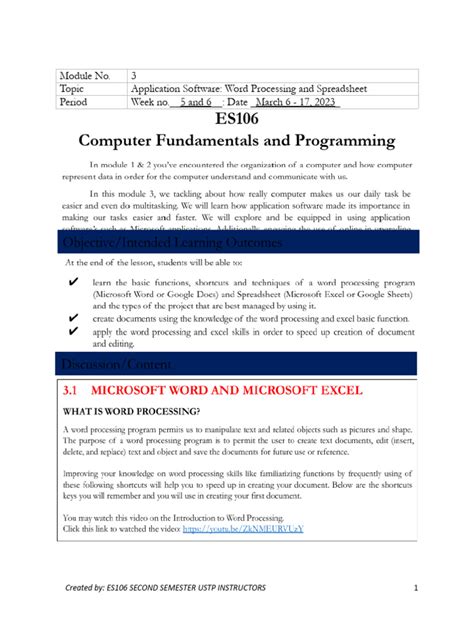 Es106 Cfp Module 3 Application Software Word Processing And Spreadsheet Pdf