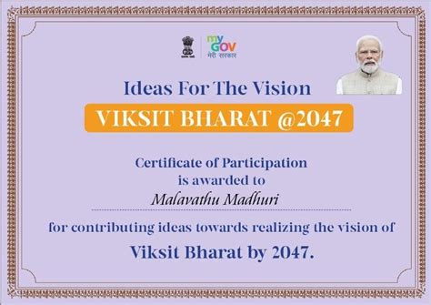 Viksitbharat Ideassharing Certificateofachievement Futureleadership Madhuri Malavathu