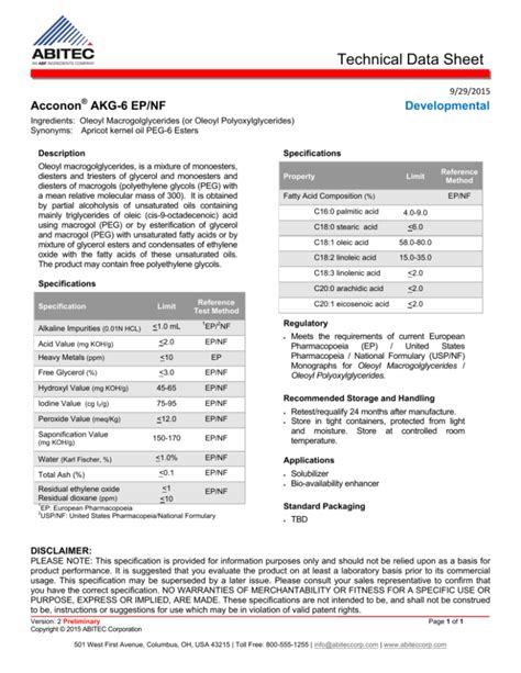 Acconon AKG EP NF Technical Data Sheet