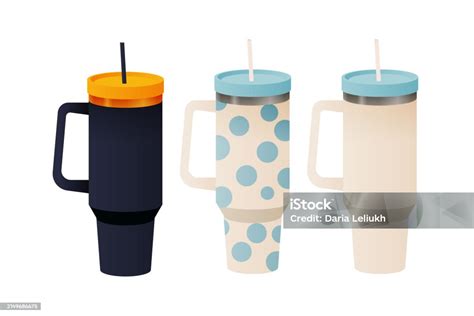 흰색 배경에 격리된 재사용 가능한 스테인리스 스틸 컵의 변형입니다 블랙 점선 베이지색의 단열 음료 용기 컵 현대 벡터 평면 그림입니다 소셜 미디어 광고 건강한 라이프스타일