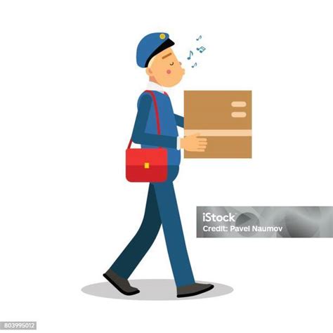 파란색 유니폼 제공 하 골 판지 상자에 휘파람 멜로디 만화 캐릭터 우편 배달 부 표현 배달 메일 벡터 일러스트 레이 션 독일에 대한 스톡 벡터 아트 및 기타 이미지 Istock