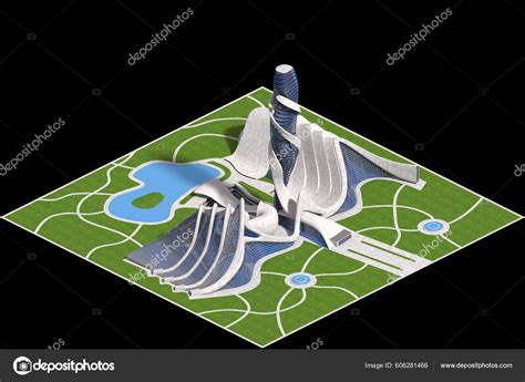 Futuristic Architecture Model Tiled Game Rendered Dimetric Projection Degree Orthographic Stock