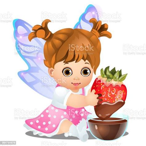 조금 행복 한 맛 있는 딸기를 들고 요정 날개와 애니메이션된 소녀 흰색 배경에 고립 된 초콜릿에 담근 벡터 만화일러스트 레이 션 0명에 대한 스톡 벡터 아트 및 기타 이미지