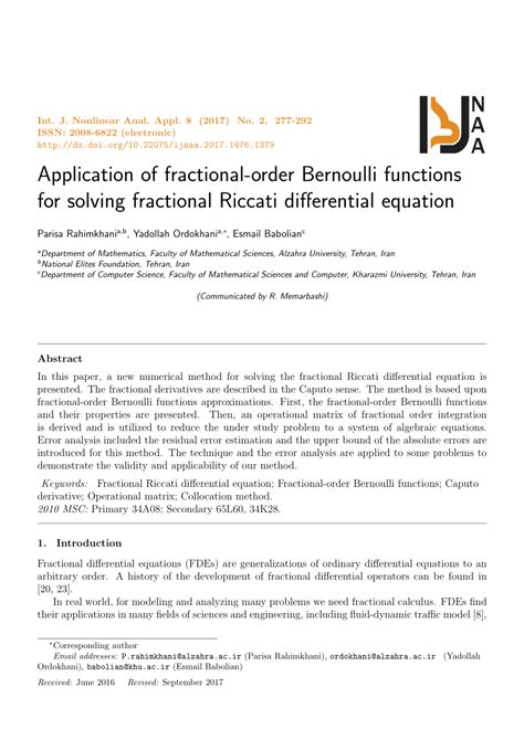 Pdf Application Of Fractional Order Bernoulli Functions For Solving