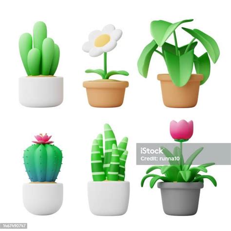 홈 인테리어 장식을 위한 냄비에 작은 귀여운 만화 스타일의 다채로운 식물 세트 클리핑 경로가 있는 흰색 배경에 3d 렌더링 그림 3차원 형태에 대한 스톡 사진 및 기타