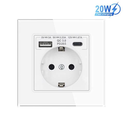 Розетка электрическая 1 пост с Usb Type C Аc быстрая зарядка 20w закаленное стекло Белый купить