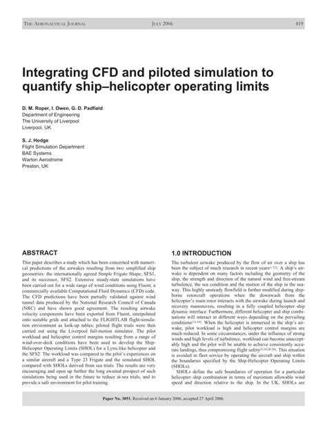 Pdf Integrating Cfd And Piloted Simulation To Quantify Ship Helicopter Operating Limits