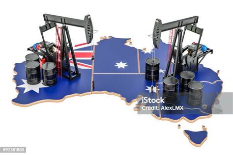 오일 배럴 및 Pumpjacks 호주 지도입니다 석유 생산 개념입니다 3 차원 렌더링 3차원 형태에 대한 스톡 사진 및 기타 이미지 3차원 형태 개념 개념과 주제