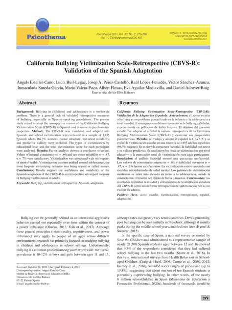 Pdf California Bullying Victimization Scale Retrospective Cbvs R Validation Of The Spanish